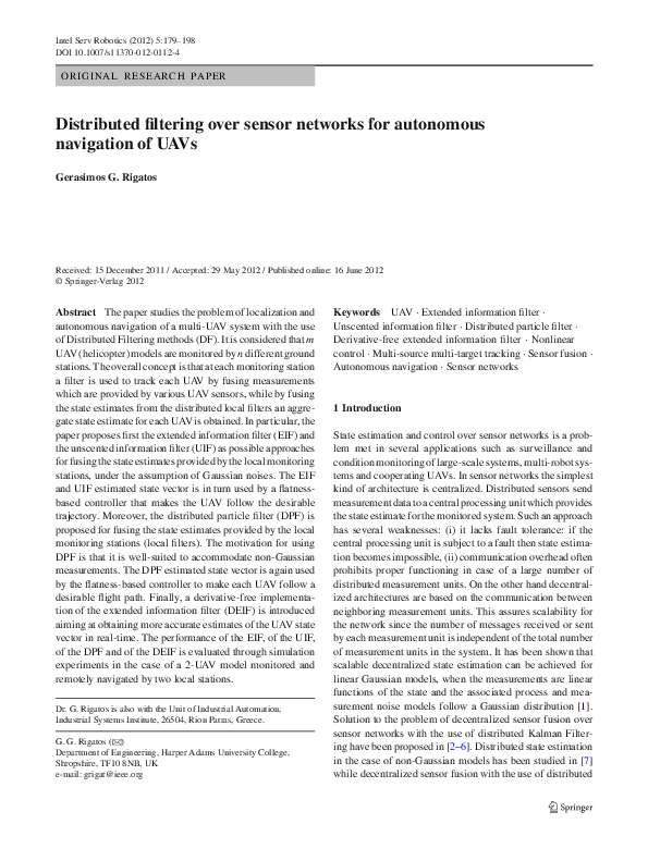 Pdf Distributed Filtering Over Sensor Networks For Autonomous Navigation Of Uavs