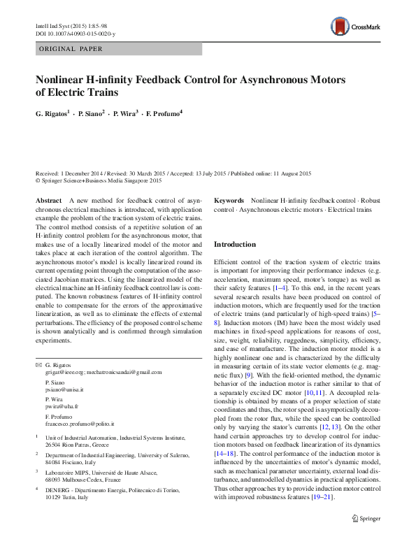 Pdf Nonlinear H Infinity Feedback Control For Asynchronous Motors Of Electric Trains
