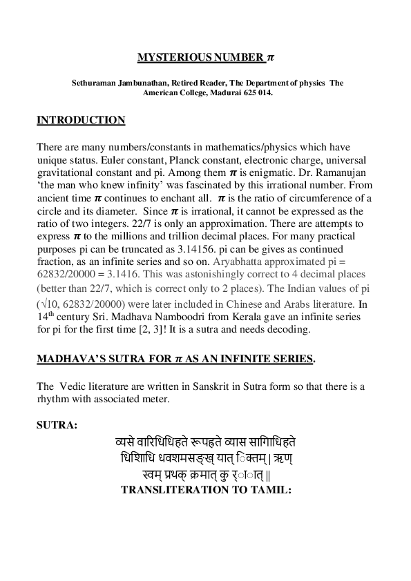 (PDF) MYSTERIOUS NUMBER Pi
