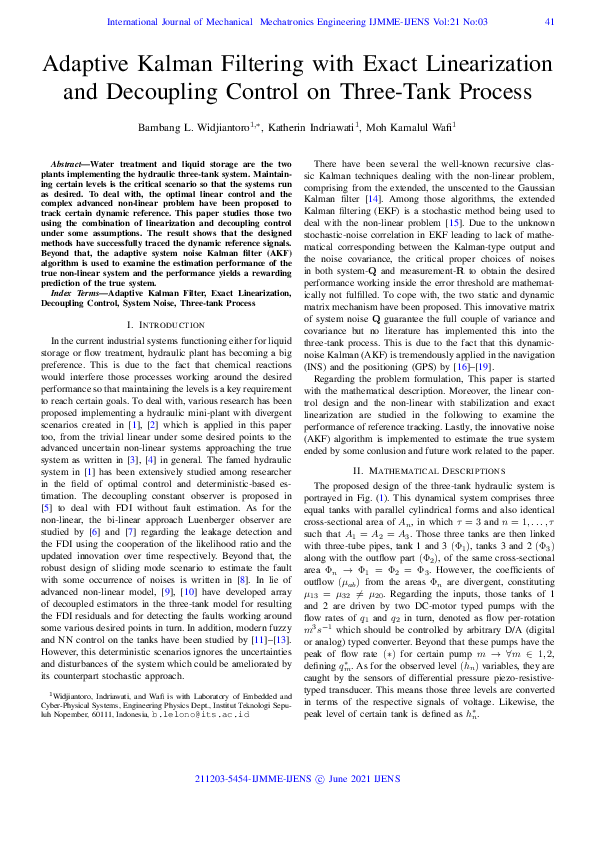 (PDF) Adaptive Kalman Filtering with Exact Linearization and Decoupling Control on Three-Tank ...