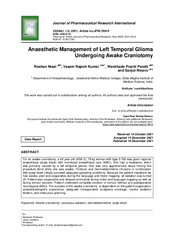(PDF) Anaesthetic Management of Left Temporal Glioma Undergoing Awake Craniotomy