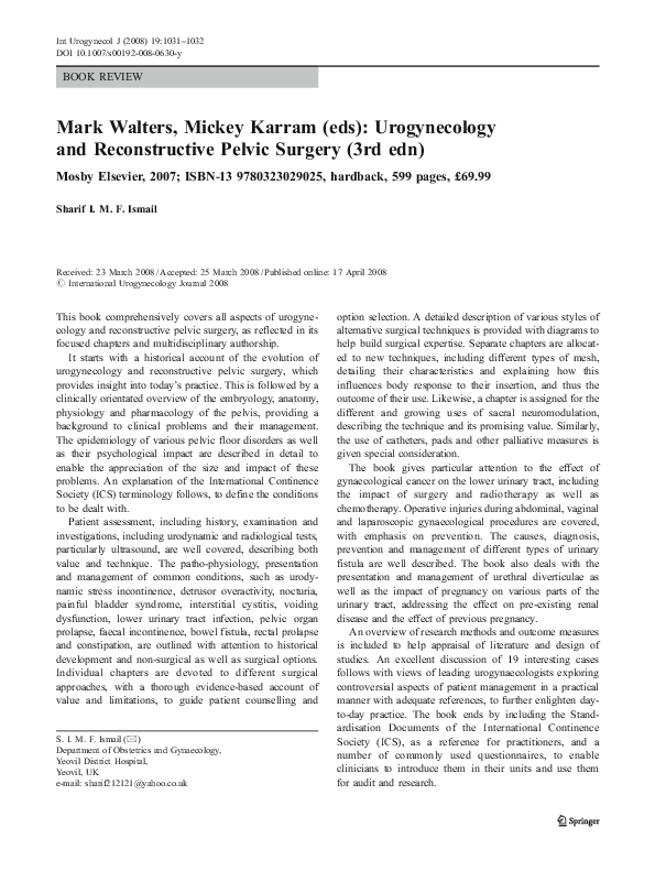 (PDF) Mark Walters, Mickey Karram (Eds): Urogynecology and ...