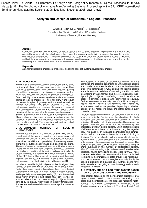 (PDF) Analysis and Design of Autonomous Logistic Processes | Torsten Hildebrandt - Academia.edu