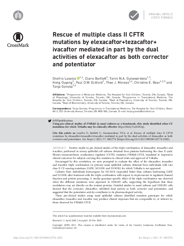 (PDF) Rescue of multiple class II CFTR mutations by elexacaftor ...