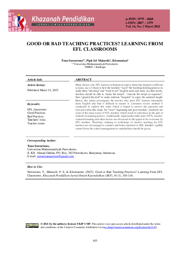 (PDF) GOOD OR BAD TEACHING PRACTICES? LEARNING FROM EFL CLASSROOMS