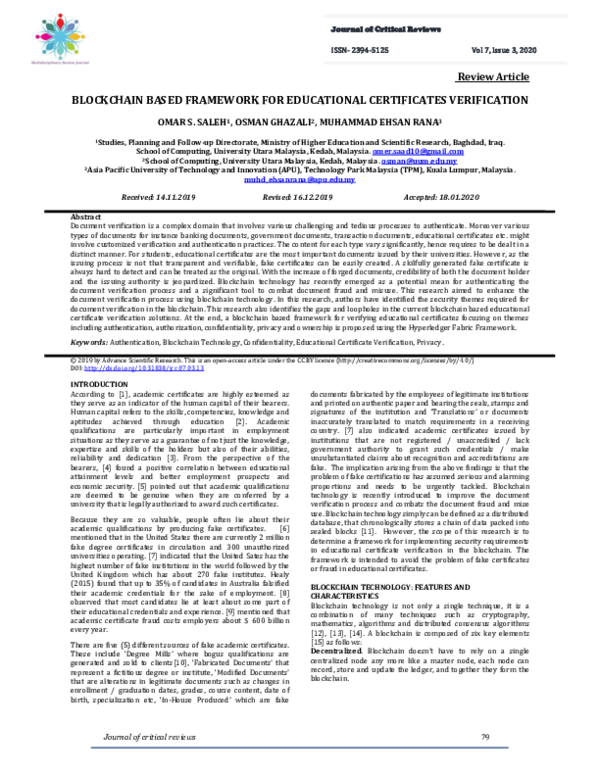 Pdf Blockchain Based Framework For Educational Certificates Verification