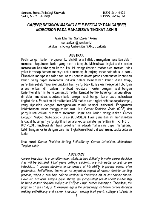 (PDF) Career Decision Making Self-Efficacy Dan Career Indecision Pada Mahasiswa Tingkat Akhir