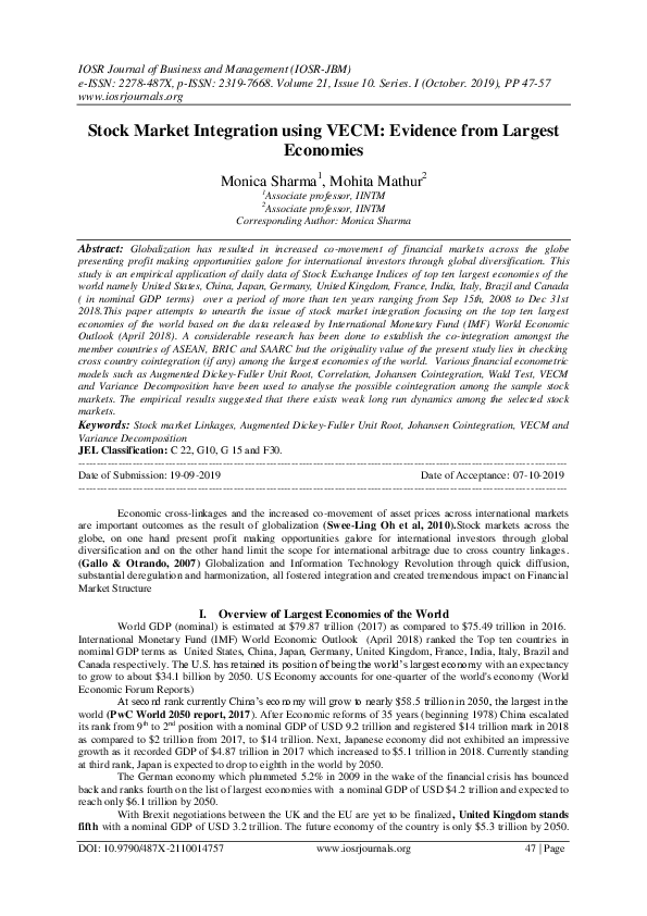 (PDF) Stock Market Integration using VECM: Evidence from Largest Economies