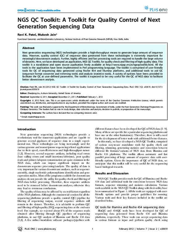 (PDF) NGS QC Toolkit: A Toolkit for Quality Control of Next Generation ...