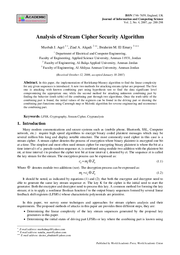(PDF) Analysis of Stream Cipher Security Algorithm