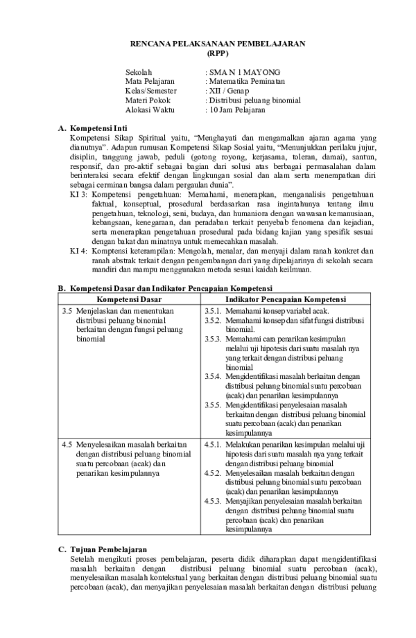 (DOC) RENCANA PELAKSANAAN PEMBELAJARAN (RPP) Sekolah : SMA N 1 MAYONG ...