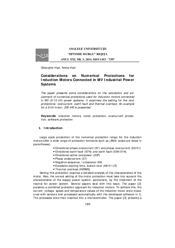 (PDF) Considerations on Numerical Protections for Induction Motors ...
