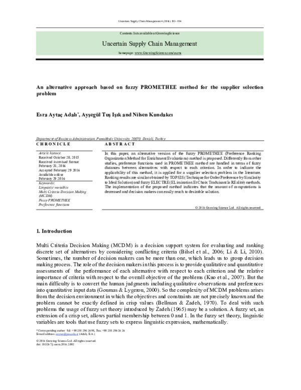 (PDF) An alternative approach based on Fuzzy PROMETHEE method for the supplier selection problem