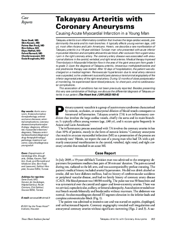 (PDF) Takayasu Arteritis with Coronary Aneurysms Causing Acute Myocardial Infarction in a Young Man