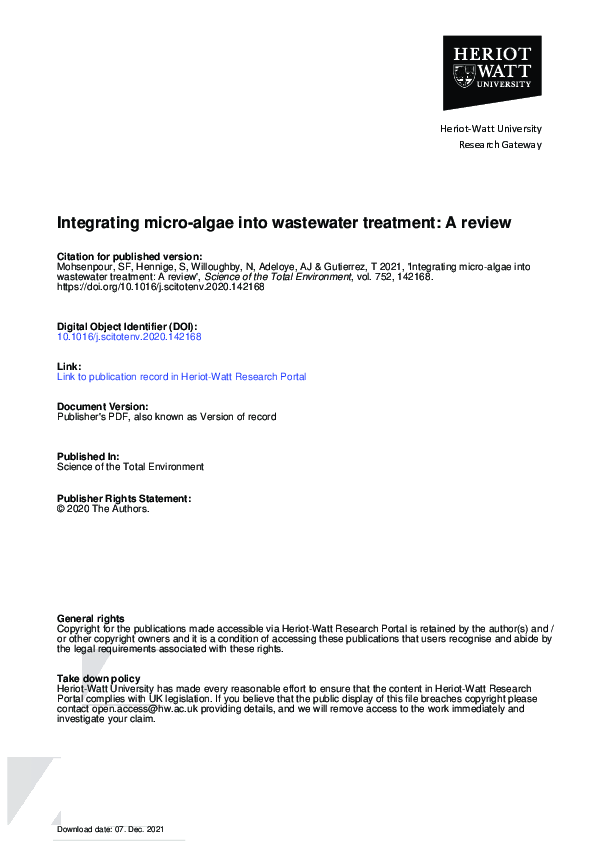 (PDF) Integrating micro-algae into wastewater treatment: A review