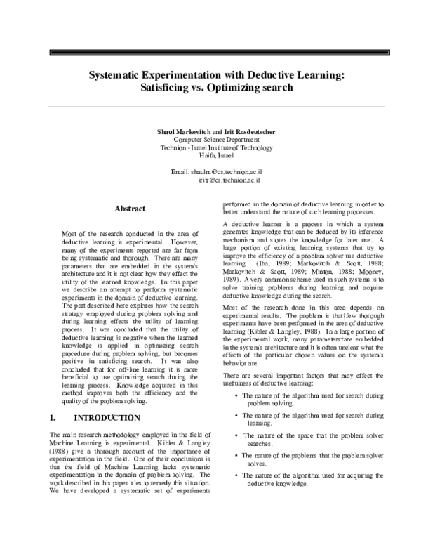 (PDF) Systematic Experimentation with Deductive Learning: Satisficing ...