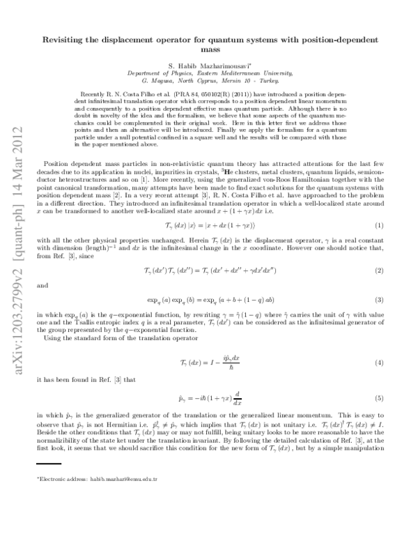 (PDF) M ar 2 01 2 Revisiting the displacement operator for quantum systems with position ...