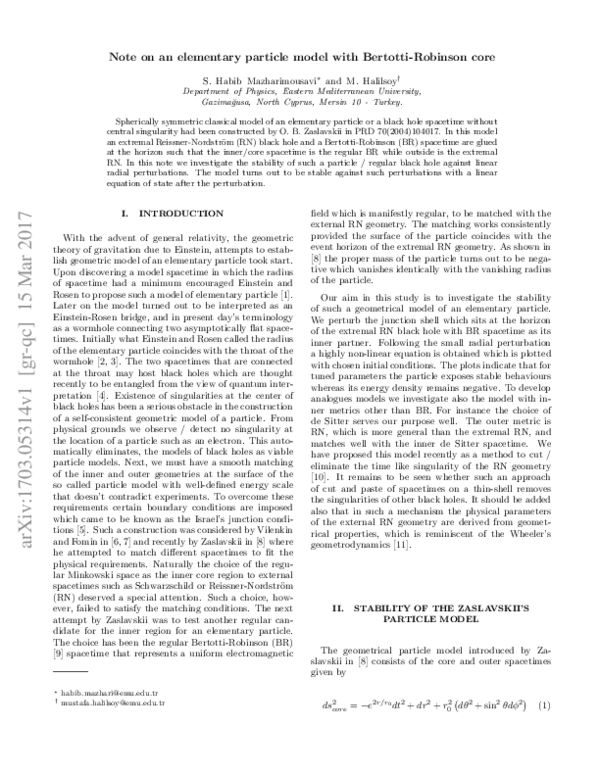 (PDF) Note on an elementary particle model with Bertotti-Robinson core