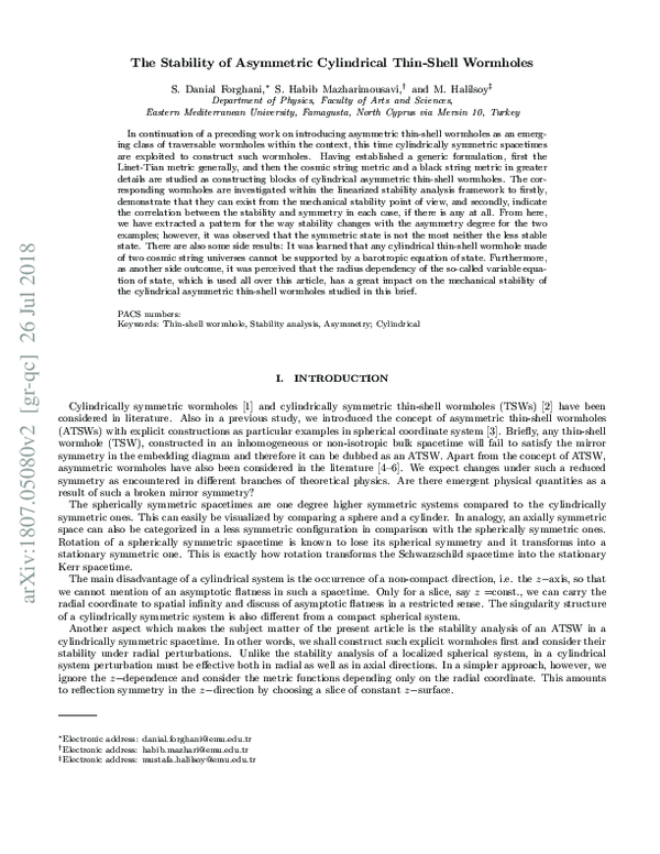 (PDF) Cylindrical asymmetric thin-shell wormholes