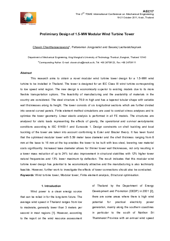 (PDF) Preliminary Design of 1.5-MW Modular Wind Turbine Tower