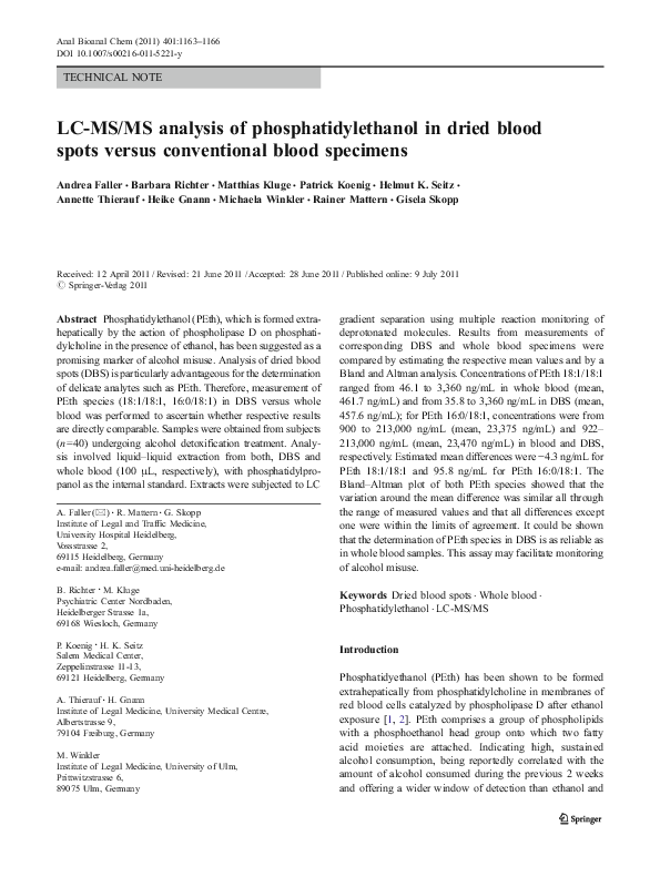 (PDF) LC-MS/MS analysis of phosphatidylethanol in dried blood spots ...