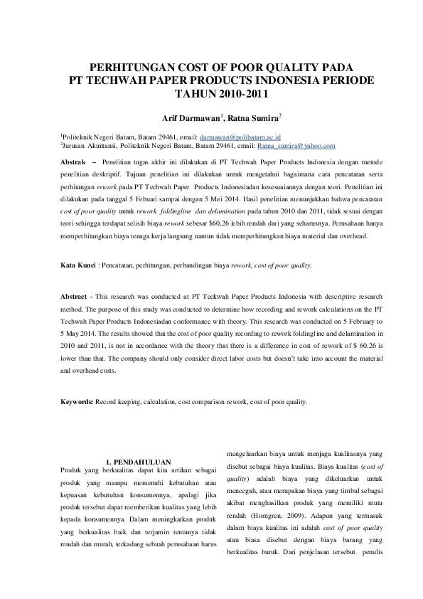 (PDF) Perhitungan Cost of Poor Quality pada PT Techwah Paper Products ...