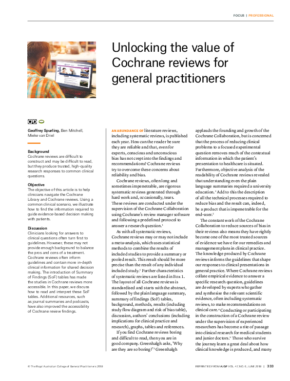 (PDF) Unlocking the value of Cochrane reviews for general practitioners