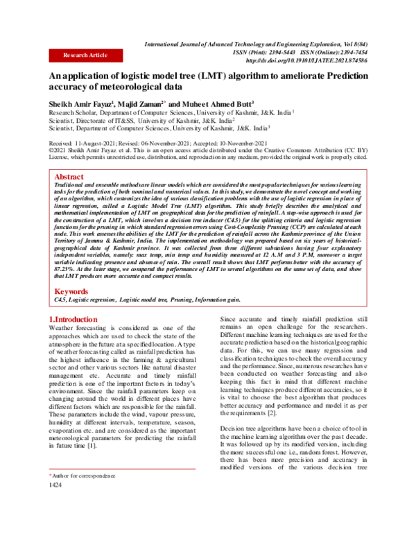 Pdf An Application Of Logistic Model Tree Lmt Algorithm To Ameliorate Prediction Accuracy Of
