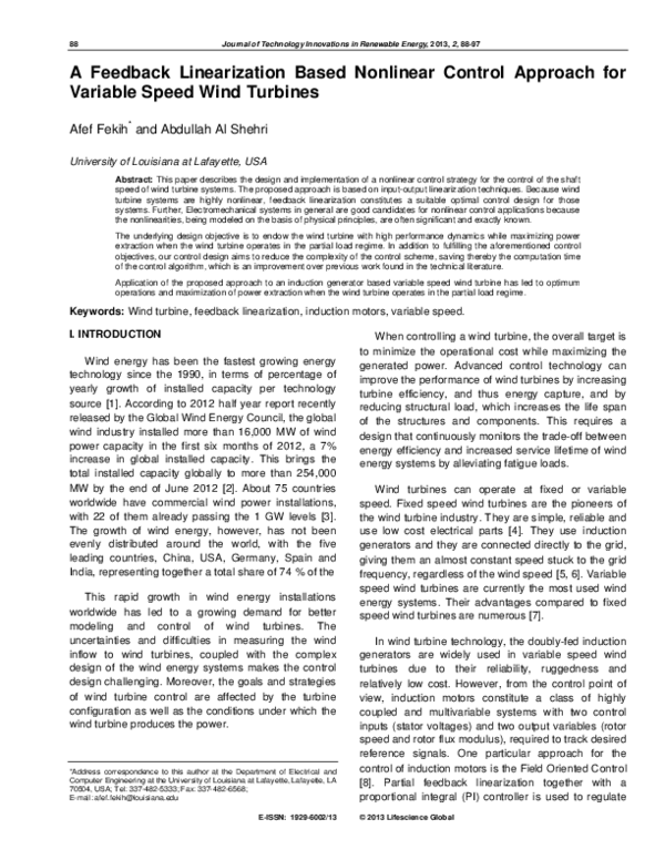 Pdf Nonlinear Control For Variable Speed Wind Turbines