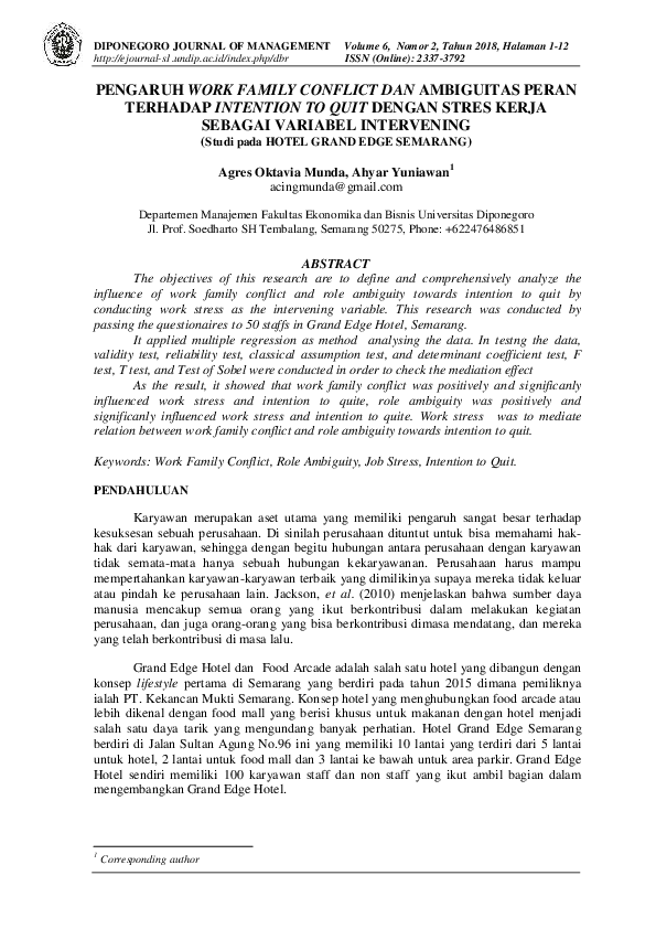 (PDF) PENGARUH WORK FAMILY CONFLICT DAN AMBIGUITAS PERAN TERHADAP INTENTION TO QUIT DENGAN STRES ...