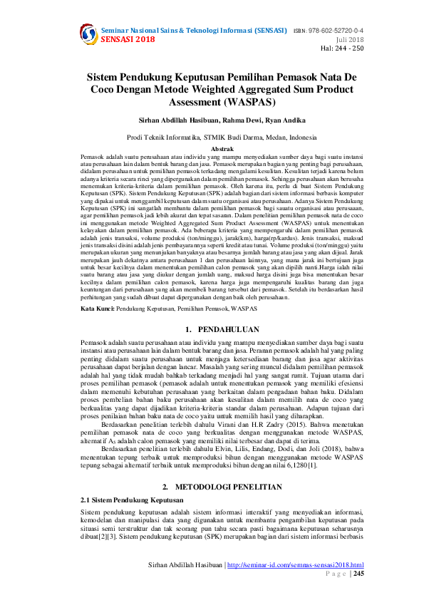 (PDF) Sistem Pendukung Keputusan Pemilihan Pemasok Nata De Coco Dengan Metode Weighted ...