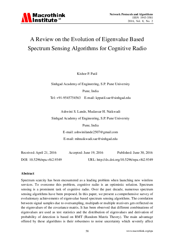 (PDF) A Review on the Evolution of Eigenvalue Based Spectrum Sensing Algorithms for Cognitive Radio