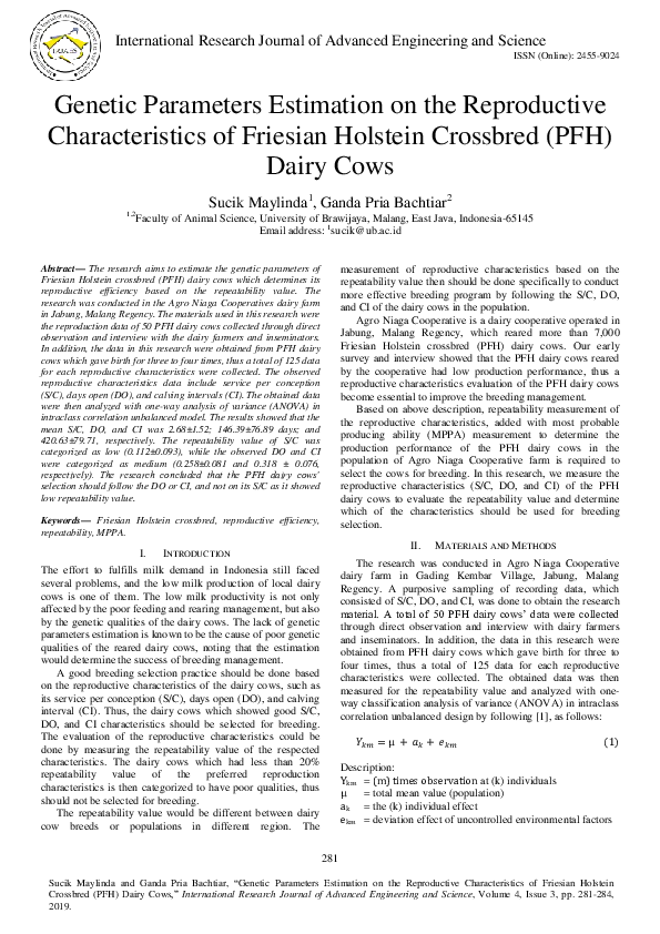 (PDF) Genetic Parameters Estimation on the Reproductive Characteristics of Friesian Holstein ...