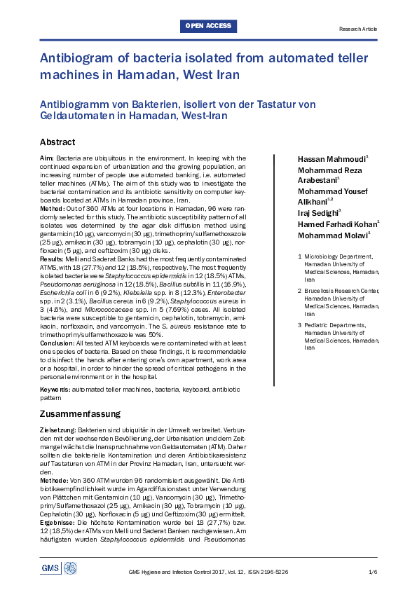 (PDF) Antibiogram of bacteria isolated from automated teller machines ...