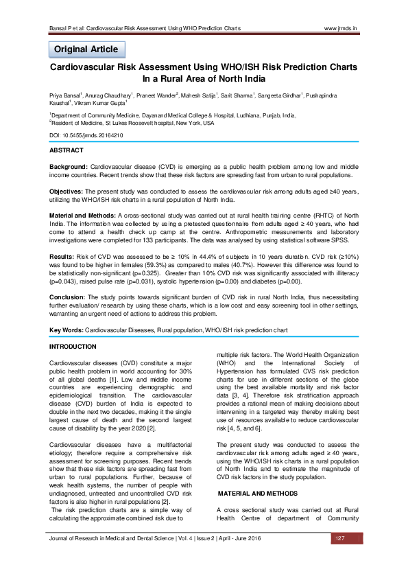 (PDF) Cardiovascular Risk Assessment Using WHO/ISH Risk Prediction Charts In a Rural Area of ...