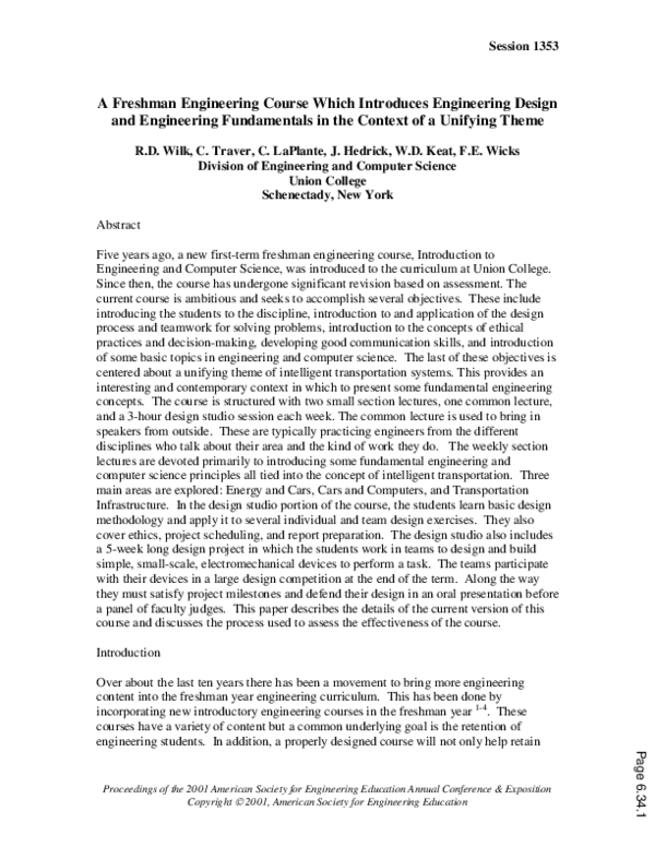 (PDF) A Freshman Engineering Course Which Introduces Engineering Design ...
