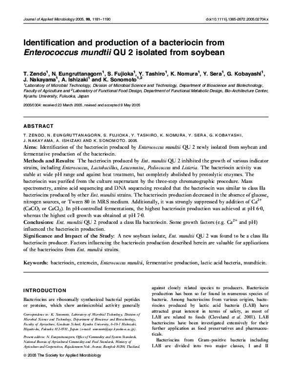Pdf Identification And Production Of A Bacteriocin From Enterococcus Mundtii Qu 2 Isolated