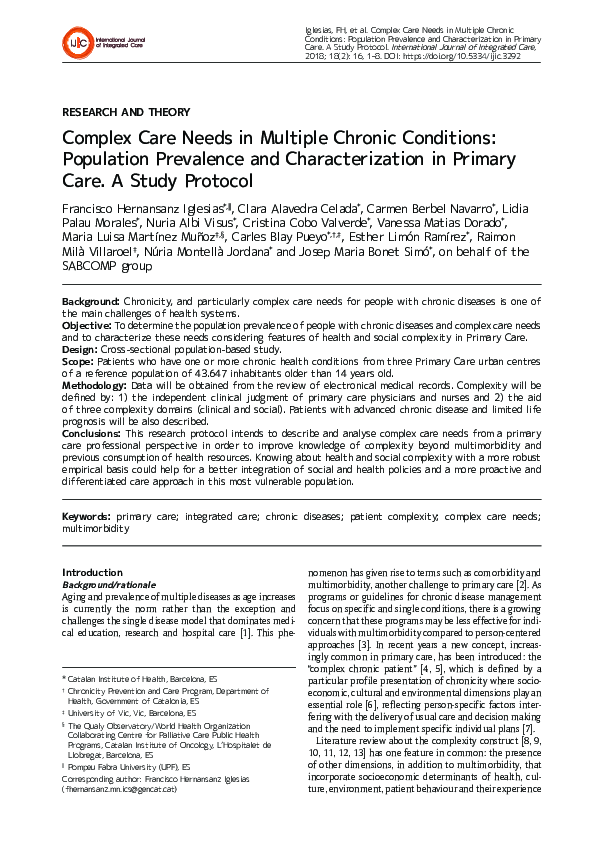 (PDF) Complex Care Needs in Multiple Chronic Conditions: Population ...