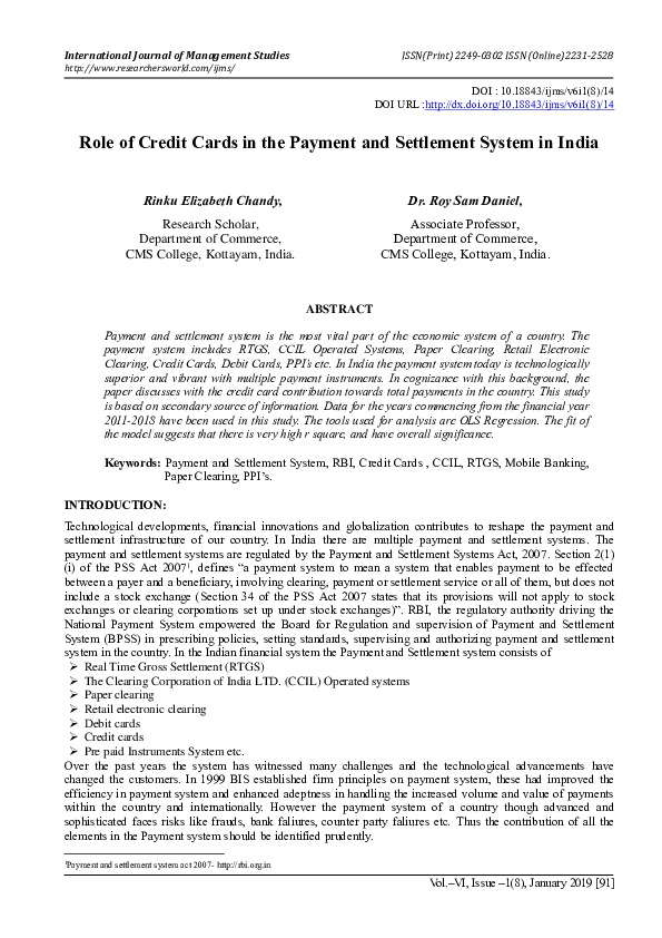 (PDF) Role of Credit Cards in the Payment and Settlement System in India