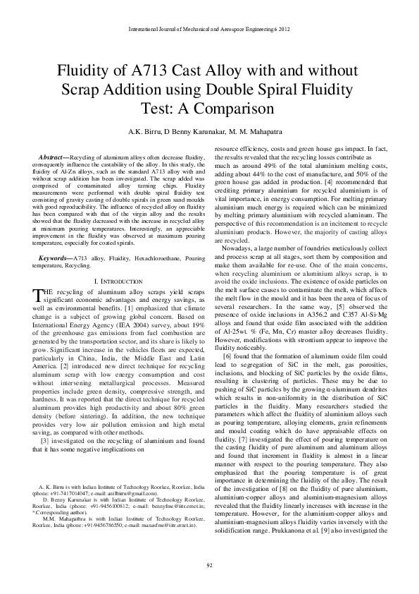 (PDF) Fluidity of A713 Cast Alloy with and without Scrap Addition using ...