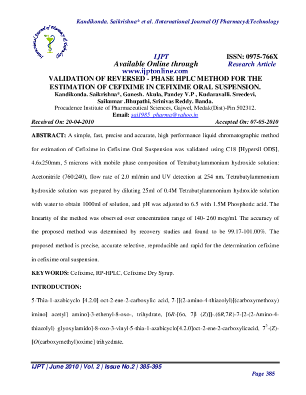 (PDF) Validation of Reversed- Phase HPLC Method for the Estimation of Cefixime in Cefixime Oral ...