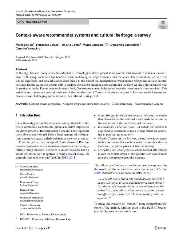 (PDF) Context-aware recommender systems and cultural heritage: a survey