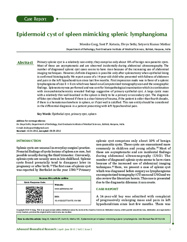 (PDF) Epidermoid cyst of spleen mimicking splenic lymphangioma