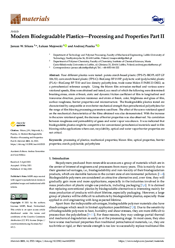 (PDF) Modern Biodegradable Plastics—Processing and Properties Part II