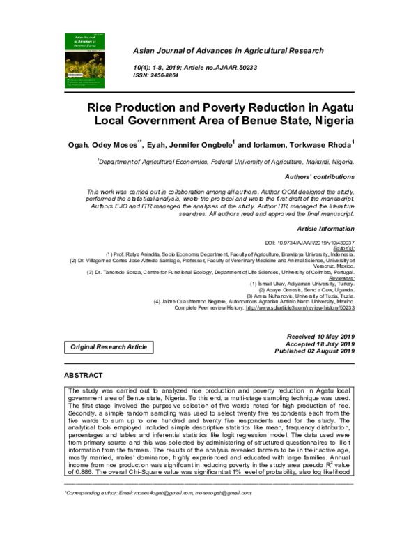 (PDF) Rice Production and Poverty Reduction in Agatu Local Government ...