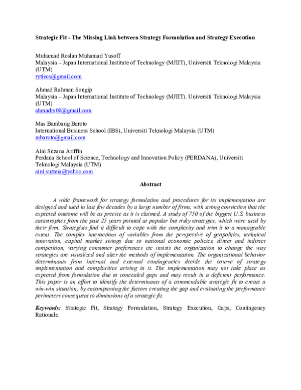 (PDF) Strategic fit - the missing link between strategy formulation and ...