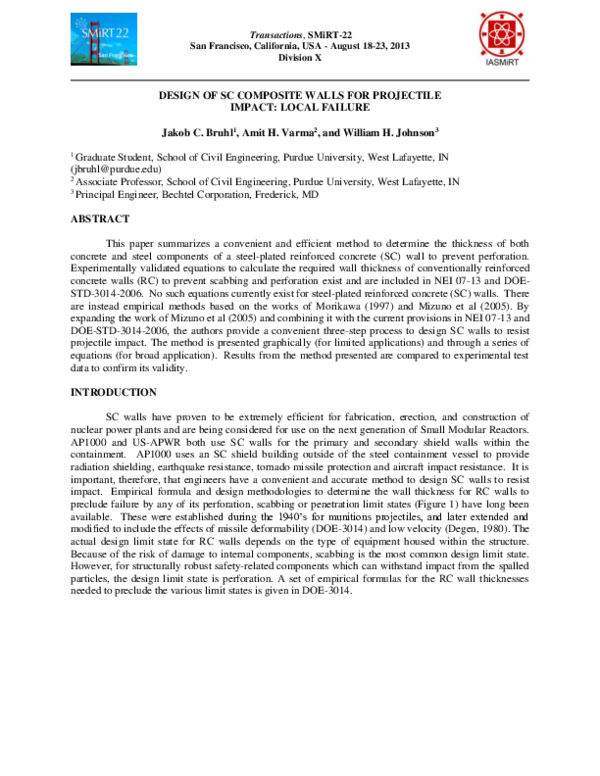 (PDF) Design of SC Composite Walls for Projectile Impact: Local Failure