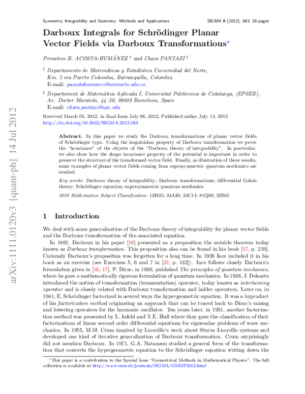 (PDF) Darboux Integrals for Schrödinger Planar Vector Fields via ...