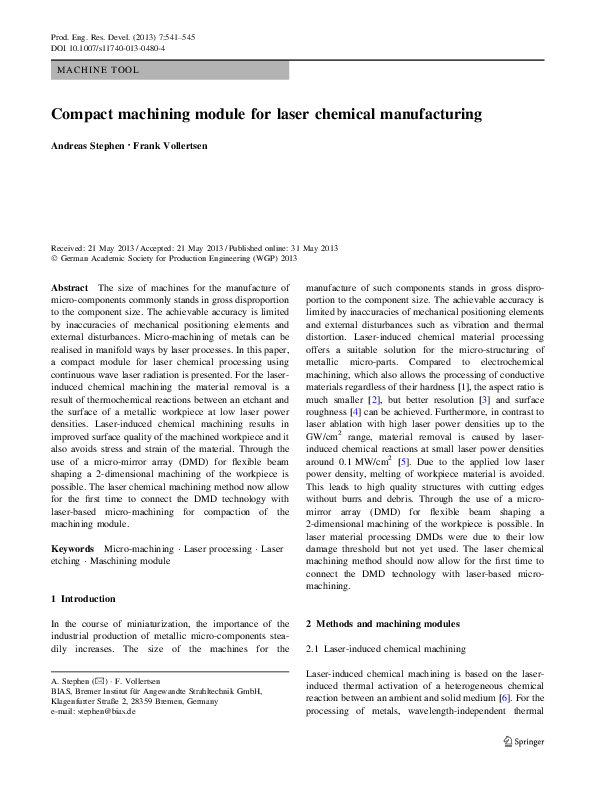 (PDF) Compact machining module for laser chemical manufacturing