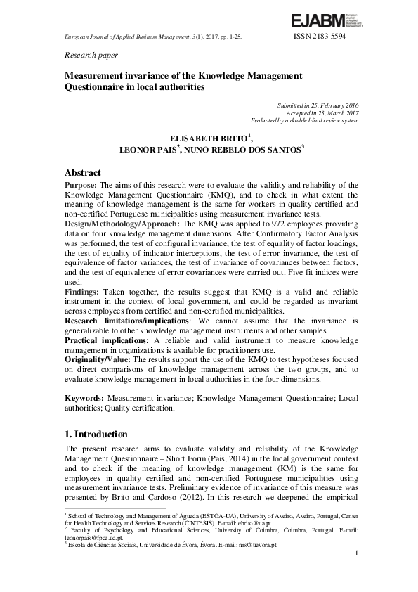 (PDF) Measurement invariance of the Knowledge Management Questionnaire ...